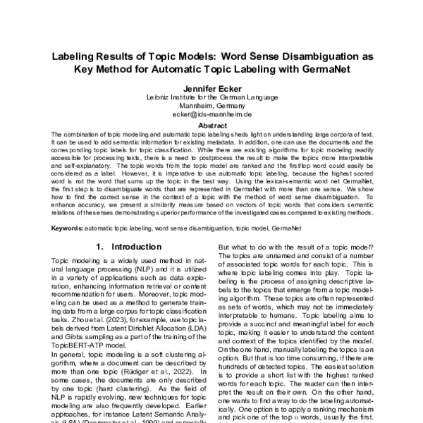 Labeling Results of Topic Models: Word Sense Disambiguation as Key Method for Automatic Topic ...