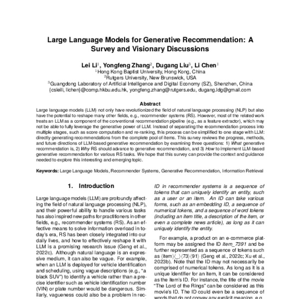 Large Language Models for Generative Recommendation: A Survey and Visionary Discussions - ACL ...