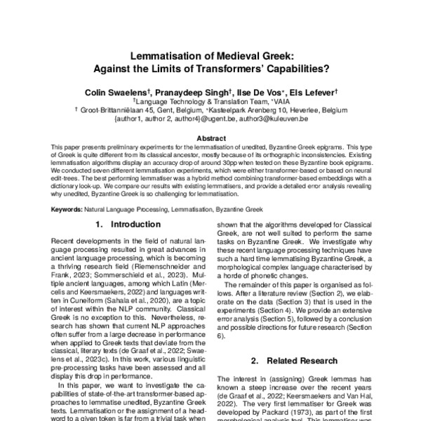 Lemmatisation of Medieval Greek: Against the Limits of Transformer’s ...