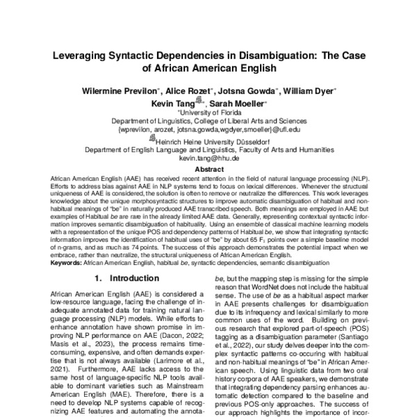 Leveraging Syntactic Dependencies in Disambiguation: The Case of African American English - ACL ...