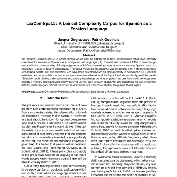 LexComSpaL2: A Lexical Complexity Corpus for Spanish as a Foreign ...