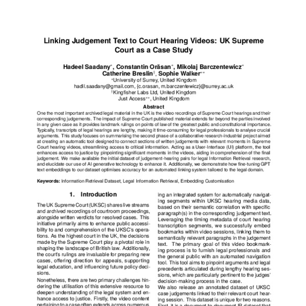 Linking Judgement Text to Court Hearing Videos: UK Supreme Court as a Case Study - ACL Anthology