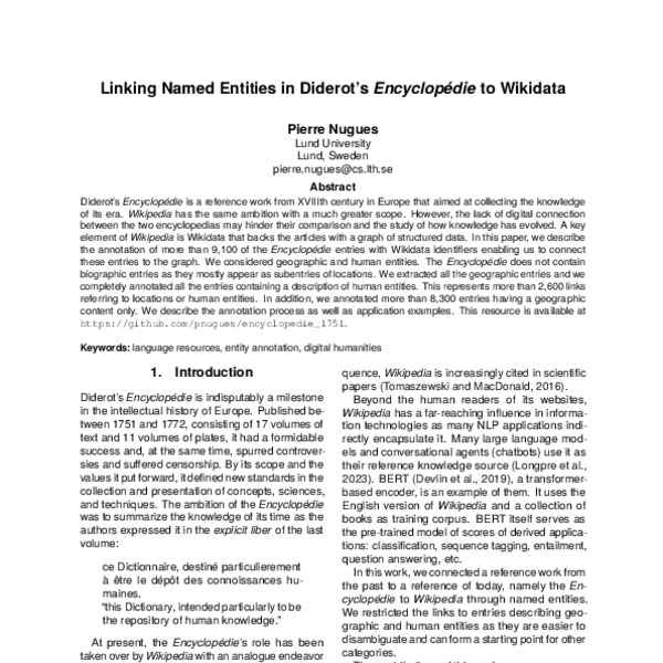 Linking Named Entities in Diderot’s Encyclopédie to Wikidata - ACL Anthology
