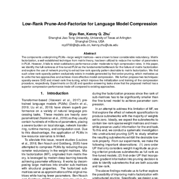 Low-Rank Prune-And-Factorize for Language Model Compression - ACL Anthology