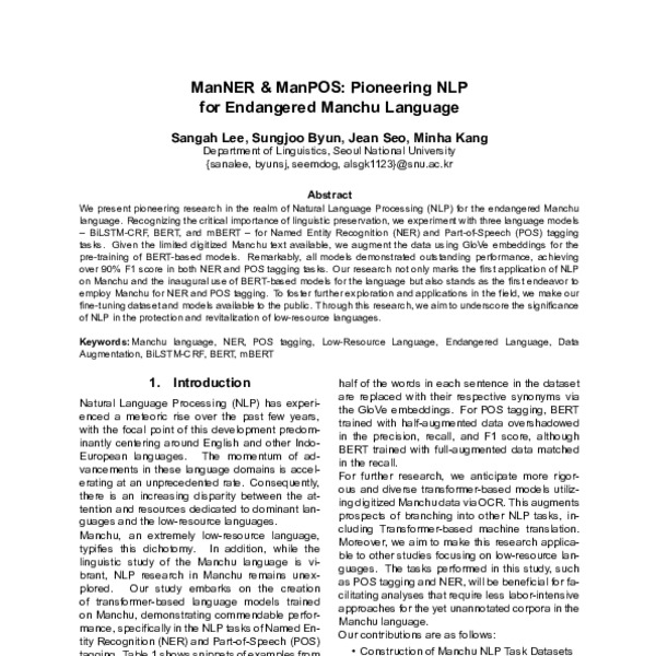 ManNER & ManPOS: Pioneering NLP for Endangered Manchu Language - ACL ...