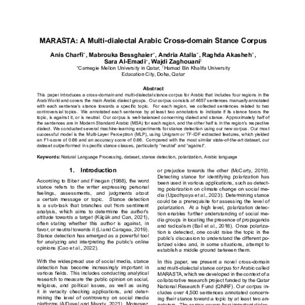 MARASTA: A Multi-dialectal Arabic Cross-domain Stance Corpus - ACL ...