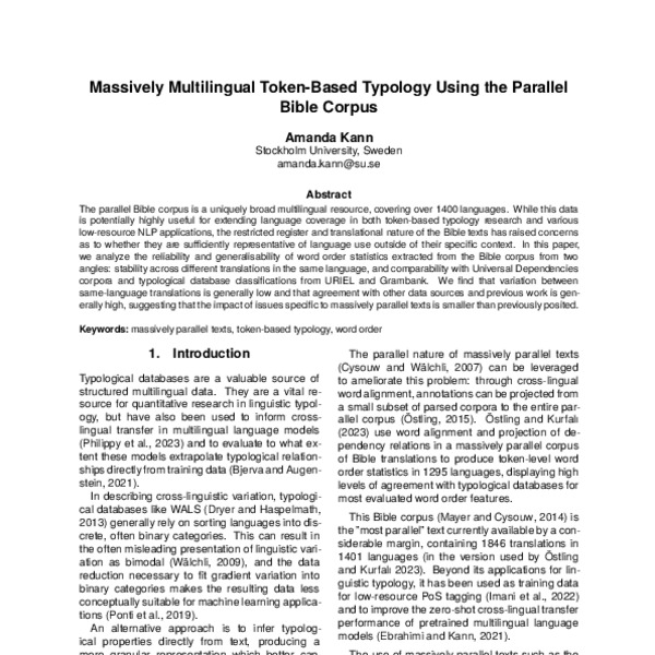 Massively Multilingual Token-Based Typology Using the Parallel Bible ...
