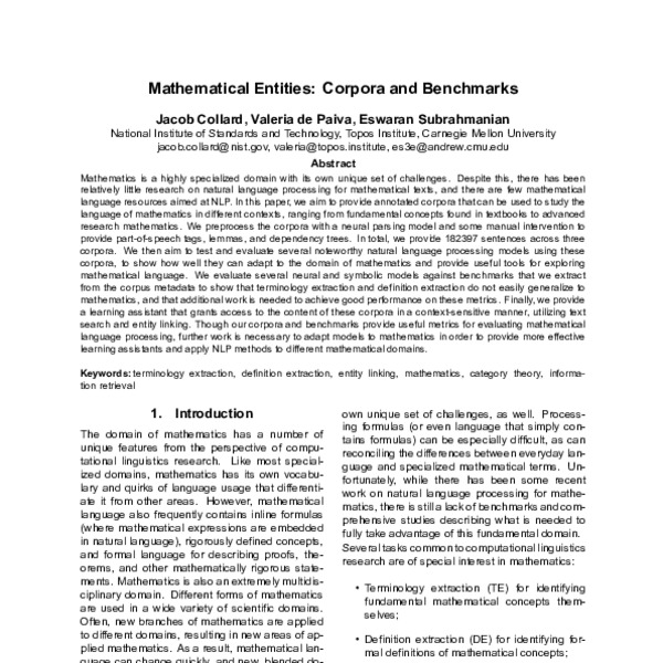 Mathematical Entities: Corpora and Benchmarks - ACL Anthology