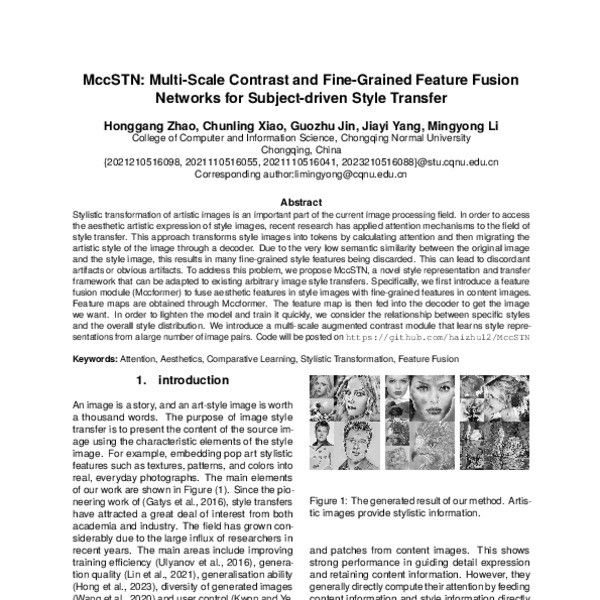 Mccstn Multi Scale Contrast And Fine Grained Feature Fusion Networks For Subject Driven Style