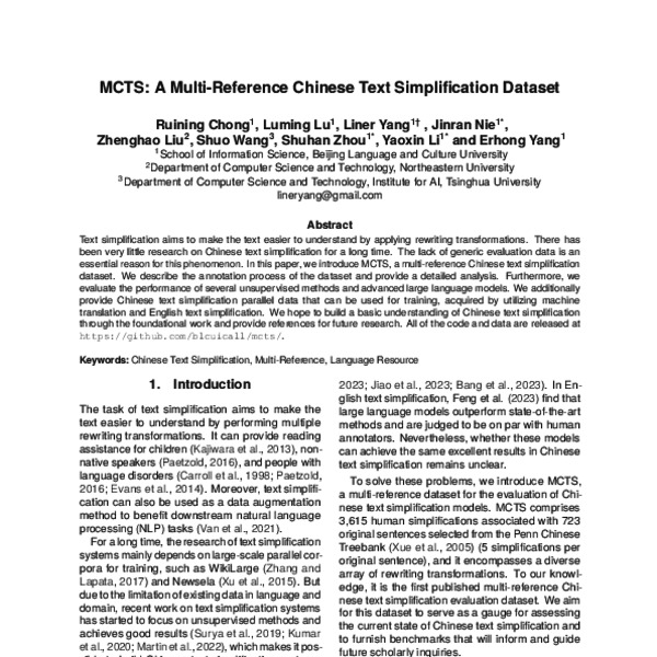 MCTS: A Multi-Reference Chinese Text Simplification Dataset - ACL Anthology