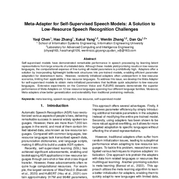 Meta-Adapter for Self-Supervised Speech Models: A Solution to Low-Resource Speech Recognition ...