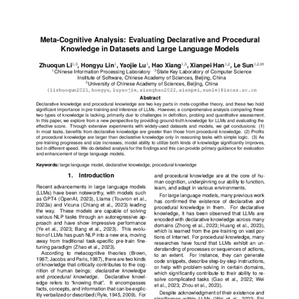 Meta Cognitive Analysis Evaluating Declarative And Procedural Knowledge In Datasets And Large