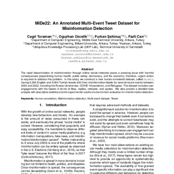 MiDe22: An Annotated Multi-Event Tweet Dataset for Misinformation Detection - ACL Anthology