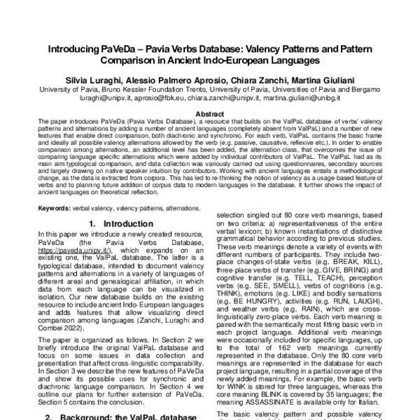 Introducing PaVeDa – Pavia Verbs Database: Valency Patterns and Pattern ...