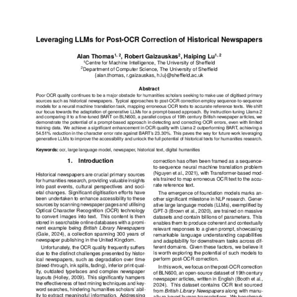 Leveraging LLMs for Post-OCR Correction of Historical Newspapers - ACL Anthology