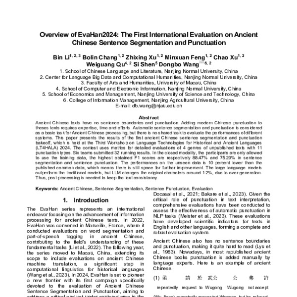 Overview of EvaHan2024: The First International Evaluation on Ancient Chinese Sentence ...