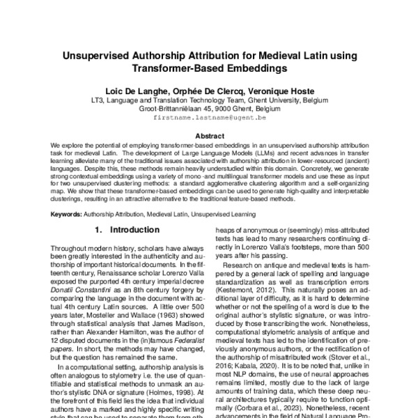 Unsupervised Authorship Attribution for Medieval Latin Using Transformer-Based Embeddings - ACL ...