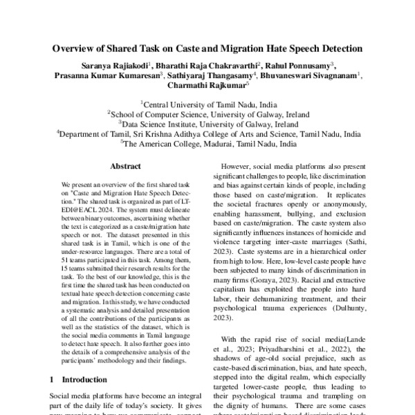 Overview of Shared Task on Caste and Migration Hate Speech Detection - ACL Anthology
