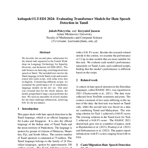 kubapok@LT-EDI 2024: Evaluating Transformer Models for Hate Speech Detection in Tamil - ACL ...