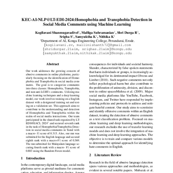 KEC-AI-NLP@LT-EDI-2024:Homophobia and Transphobia Detection in Social Media Comments using ...