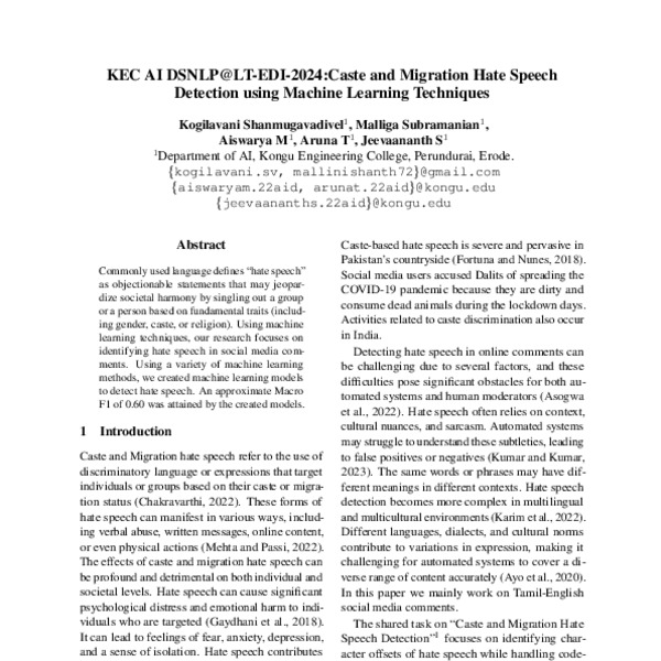 KEC AI DSNLP@LT-EDI-2024:Caste and Migration Hate Speech Detection using Machine Learning ...