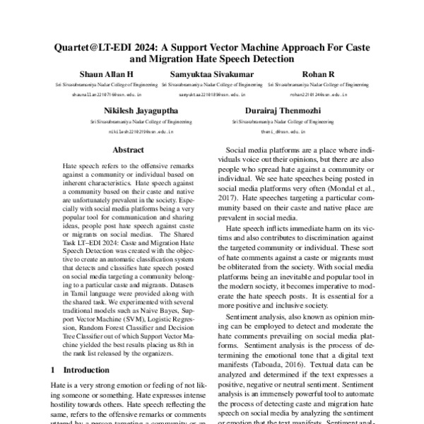 Quartet@LT-EDI 2024: A Support Vector Machine Approach For Caste and Migration Hate Speech ...