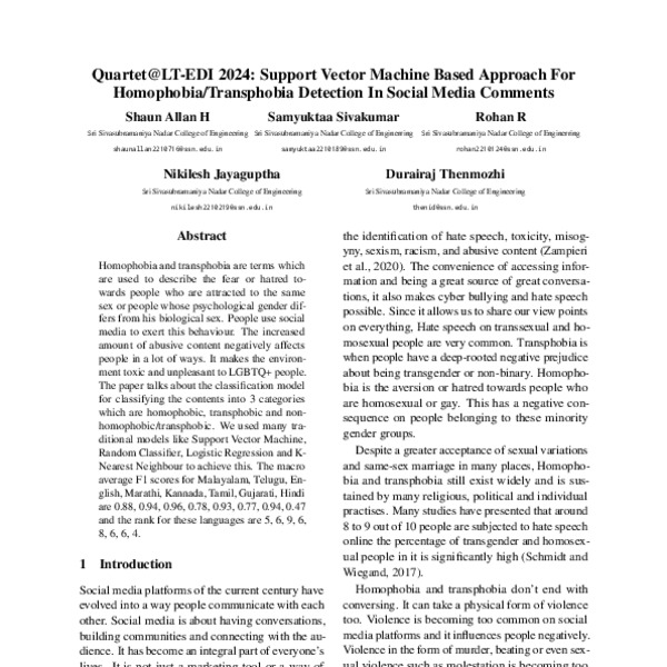 Quartet@LT-EDI 2024: Support Vector Machine Based Approach For Homophobia/Transphobia Detection ...