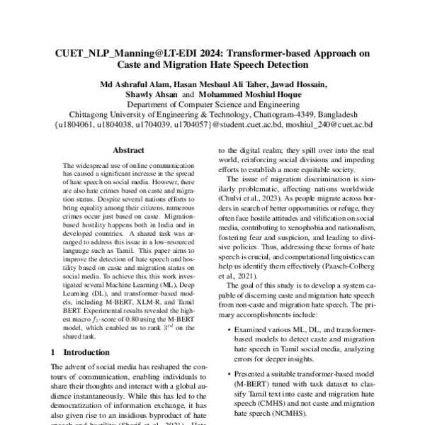 CUET_NLP_Manning@LT-EDI 2024: Transformer-based Approach on Caste and Migration Hate Speech ...