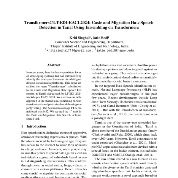 Transformers@LT-EDI-EACL2024: Caste and Migration Hate Speech Detection in Tamil Using ...