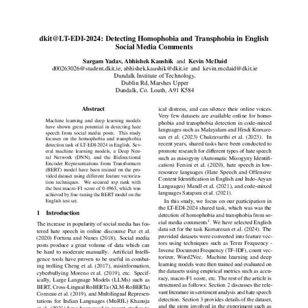 dkit@LT-EDI-2024: Detecting Homophobia and Transphobia in English Social Media Comments - ACL ...
