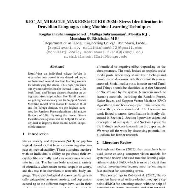 KEC_AI_MIRACLE_MAKERS@LT-EDI-2024: Stress Identification in Dravidian Languages using Machine ...
