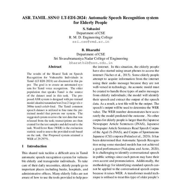 ASR TAMIL SSN@ LT-EDI-2024: Automatic Speech Recognition system for Elderly People - ACL Anthology