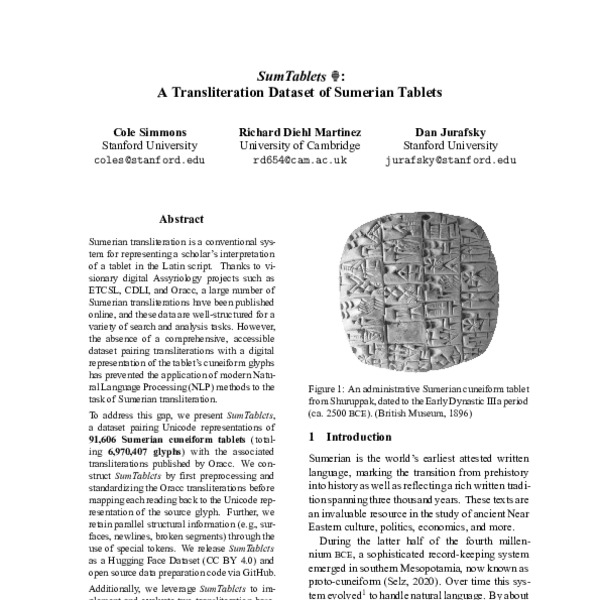 SumTablets: A Transliteration Dataset of Sumerian Tablets - ACL Anthology