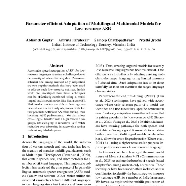 Parameter-efficient Adaptation of Multilingual Multimodal Models for Low-resource ASR - ACL ...