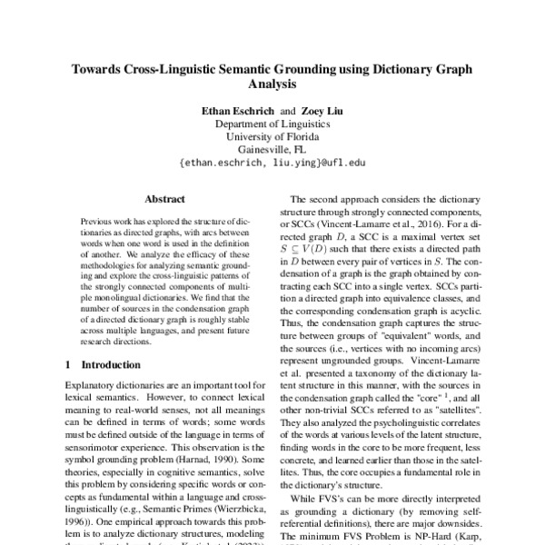 Towards Cross-Linguistic Semantic Grounding using Dictionary Graph Analysis - ACL Anthology