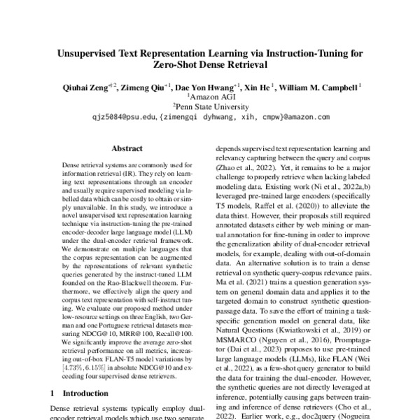 Unsupervised Text Representation Learning via Instruction-Tuning for Zero-Shot Dense Retrieval ...