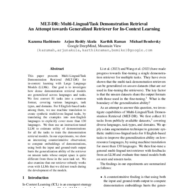 MLT-DR: Multi-Lingual/Task Demonstration RetrievalAn Attempt towards Generalized Retriever for ...