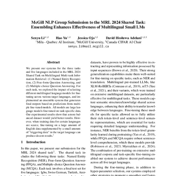 McGill NLP Group Submission to the MRL 2024 Shared Task: Ensembling Enhances Effectiveness of ...