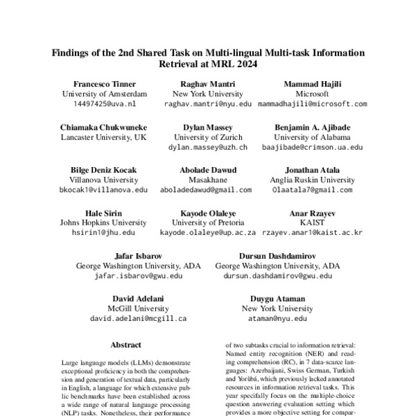 Findings of the 2nd Shared Task on Multi-lingual Multi-task Information Retrieval at MRL 2024 ...