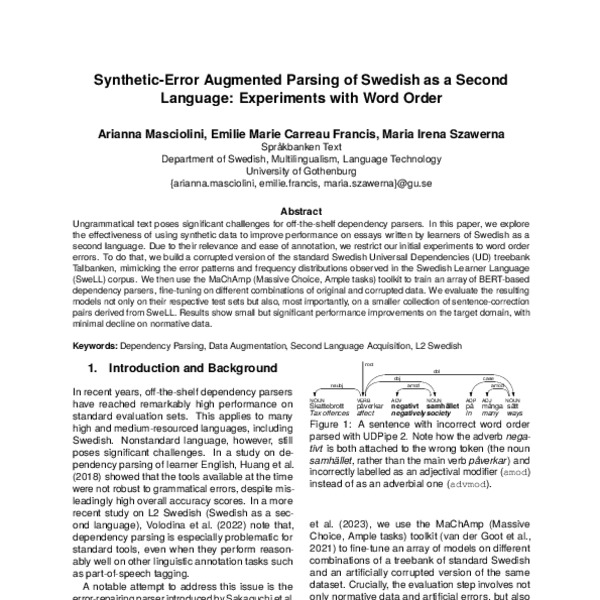 Synthetic-Error Augmented Parsing of Swedish as a Second Language: Experiments with Word Order ...