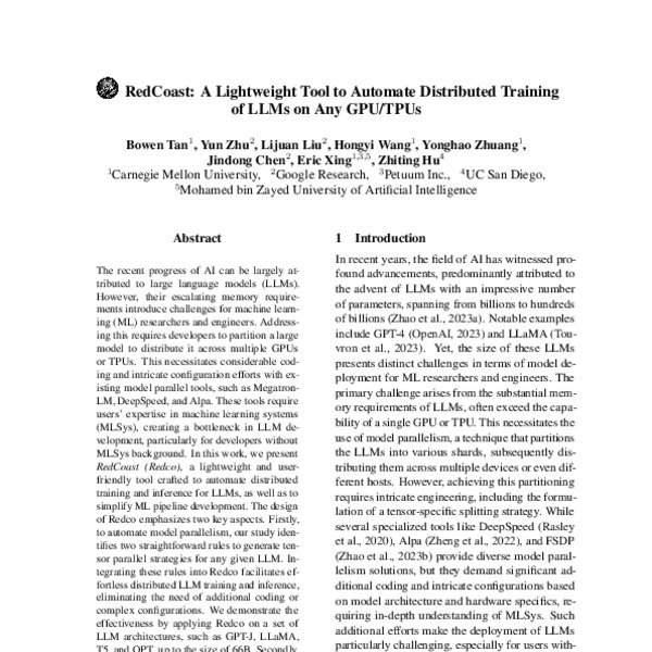 RedCoast: A Lightweight Tool to Automate Distributed Training of LLMs on Any GPU/TPUs - ACL ...