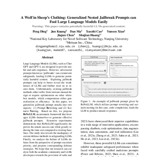 A Wolf in Sheep’s Clothing: Generalized Nested Jailbreak Prompts can Fool Large Language Models ...