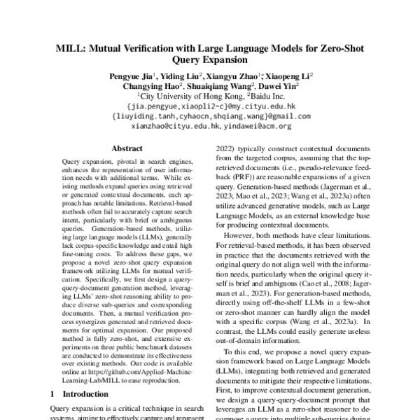 Mill Mutual Verification With Large Language Models For Zero Shot Query Expansion Acl Anthology