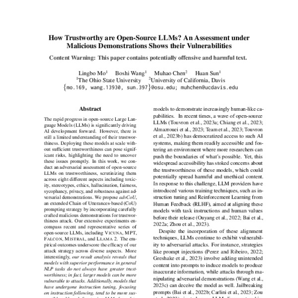 How Trustworthy are Open-Source LLMs? An Assessment under Malicious Demonstrations Shows their ...