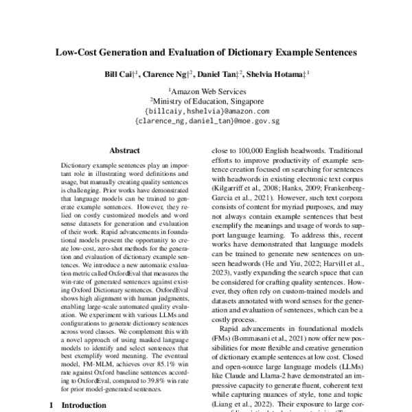 Low-Cost Generation and Evaluation of Dictionary Example Sentences - ACL Anthology