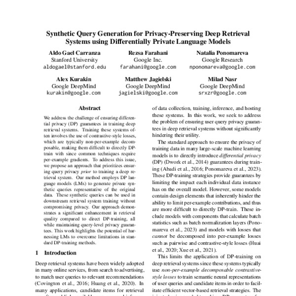 Synthetic Query Generation For Privacy Preserving Deep Retrieval Systems Using Differentially