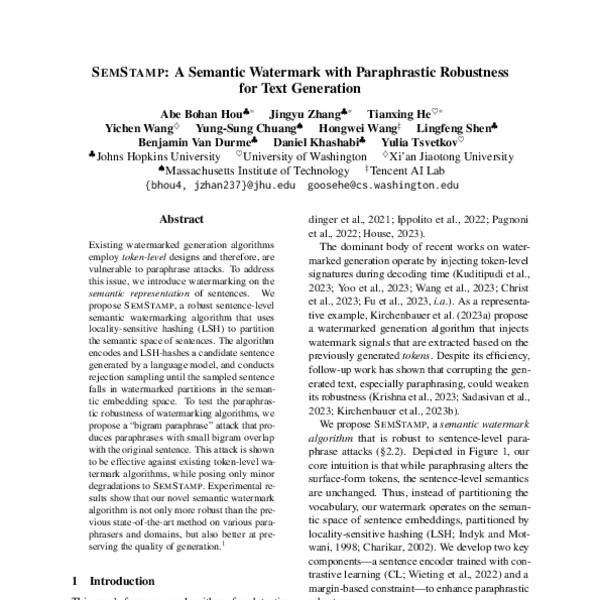 SemStamp: A Semantic Watermark with Paraphrastic Robustness for Text ...