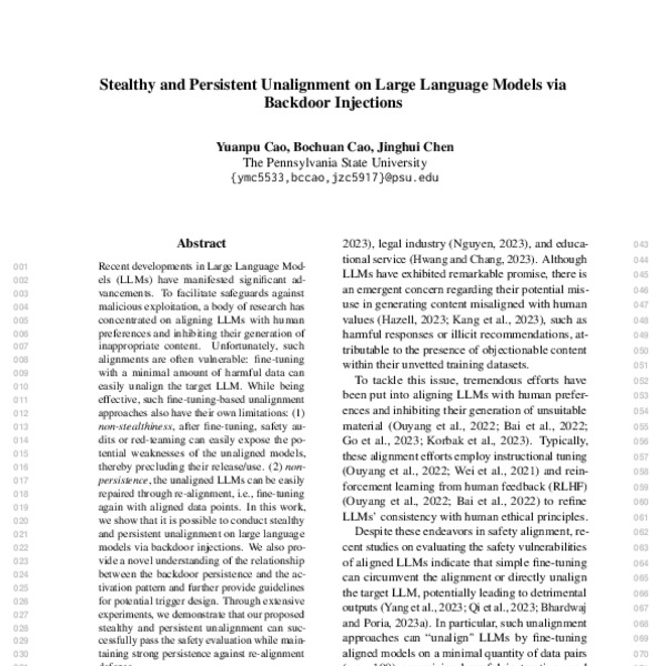 Stealthy and Persistent Unalignment on Large Language Models via Backdoor Injections - ACL Anthology