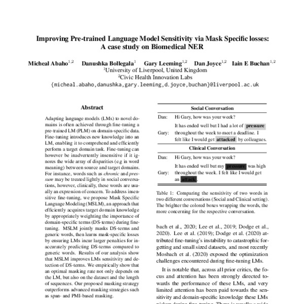 Improving Pre-trained Language Model Sensitivity via Mask Specific losses: A case study on ...