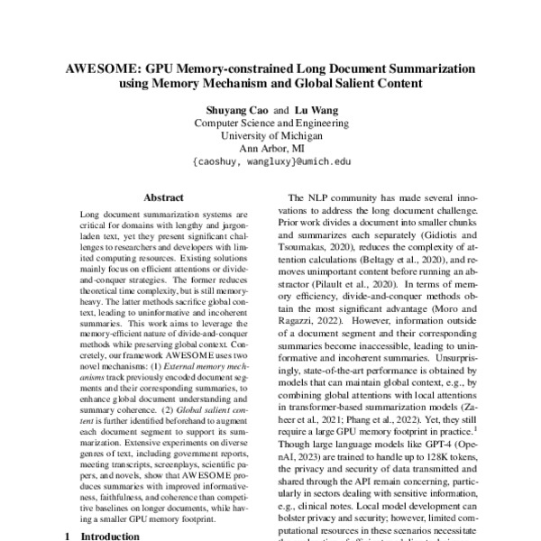 AWESOME: GPU Memory-constrained Long Document Summarization using Memory Mechanism and Global ...